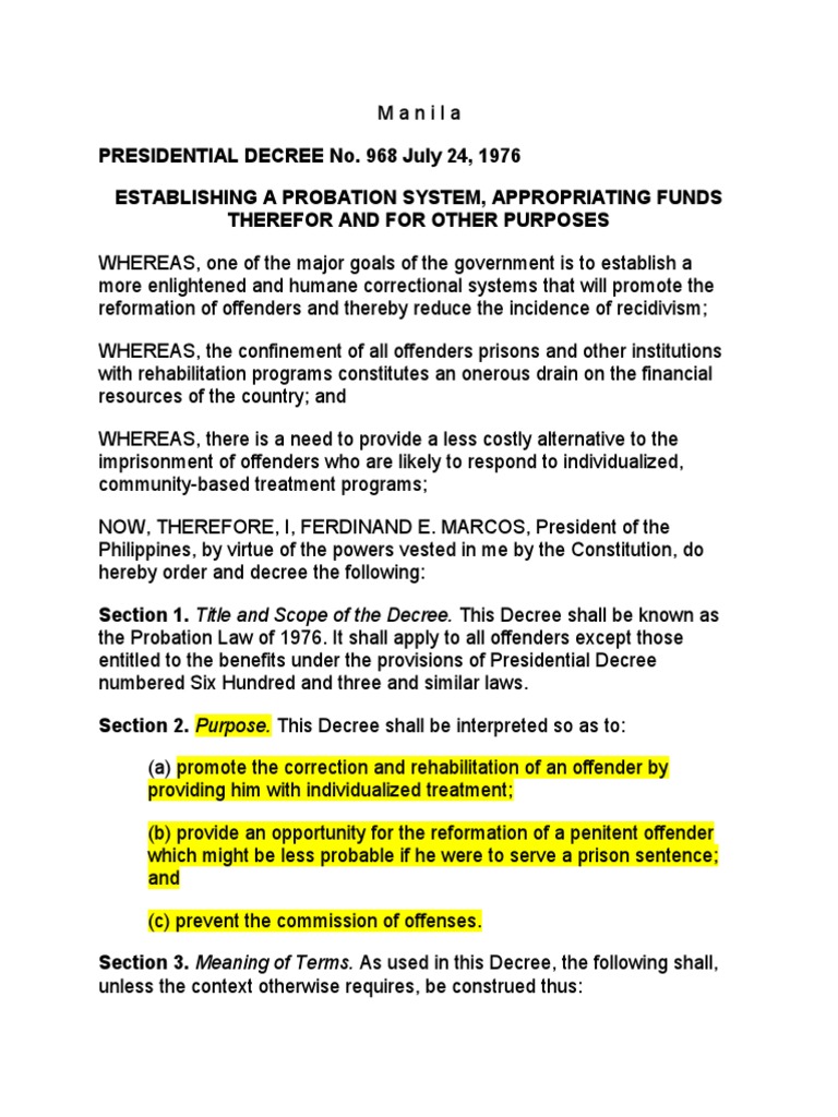 PD 968 Probation Law 1976 | PDF | Probation | Bail