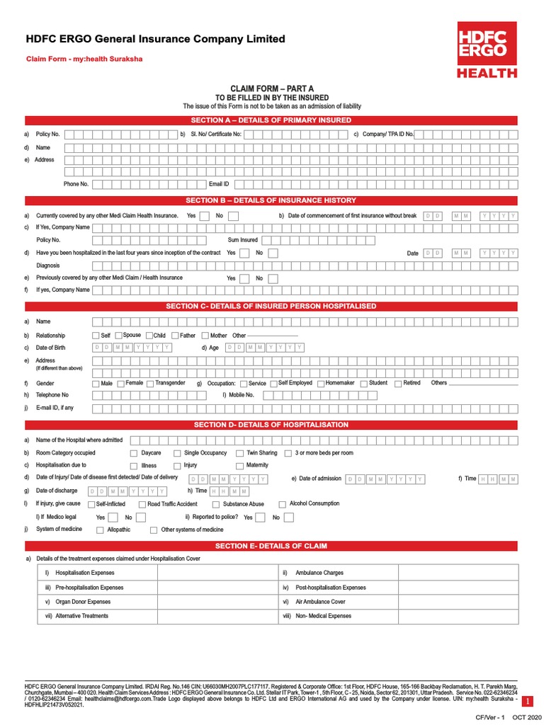 Claim Form My Health Suraksha Oct 2020 HEHI | PDF | Medical ...