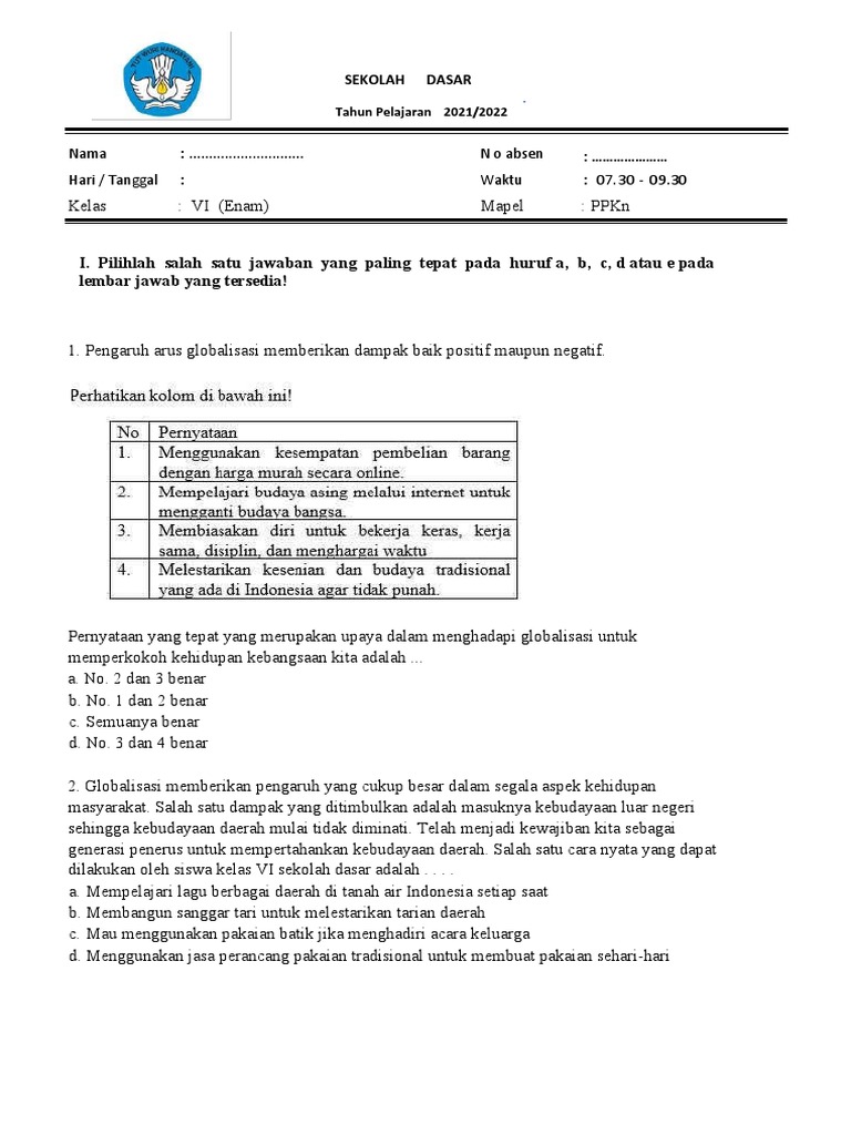 Soal Us PKN Kelas 6 SD | PDF