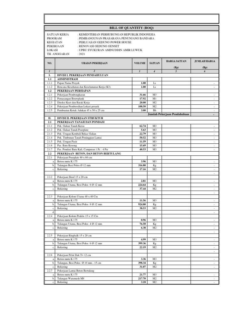 Boq Rumah Genset Bandara Ok. | PDF