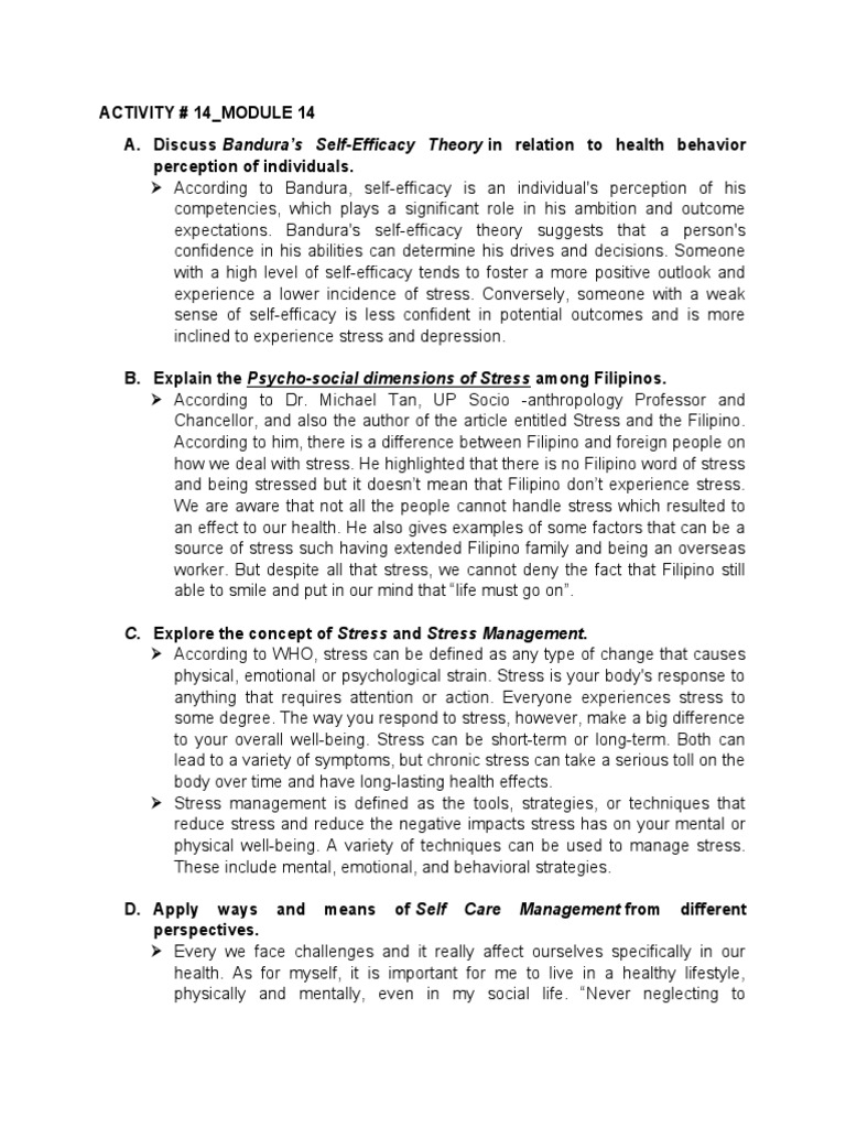 Uts - Activity # 14 - Module 14 | PDF | Self Efficacy | Stress (Biology)
