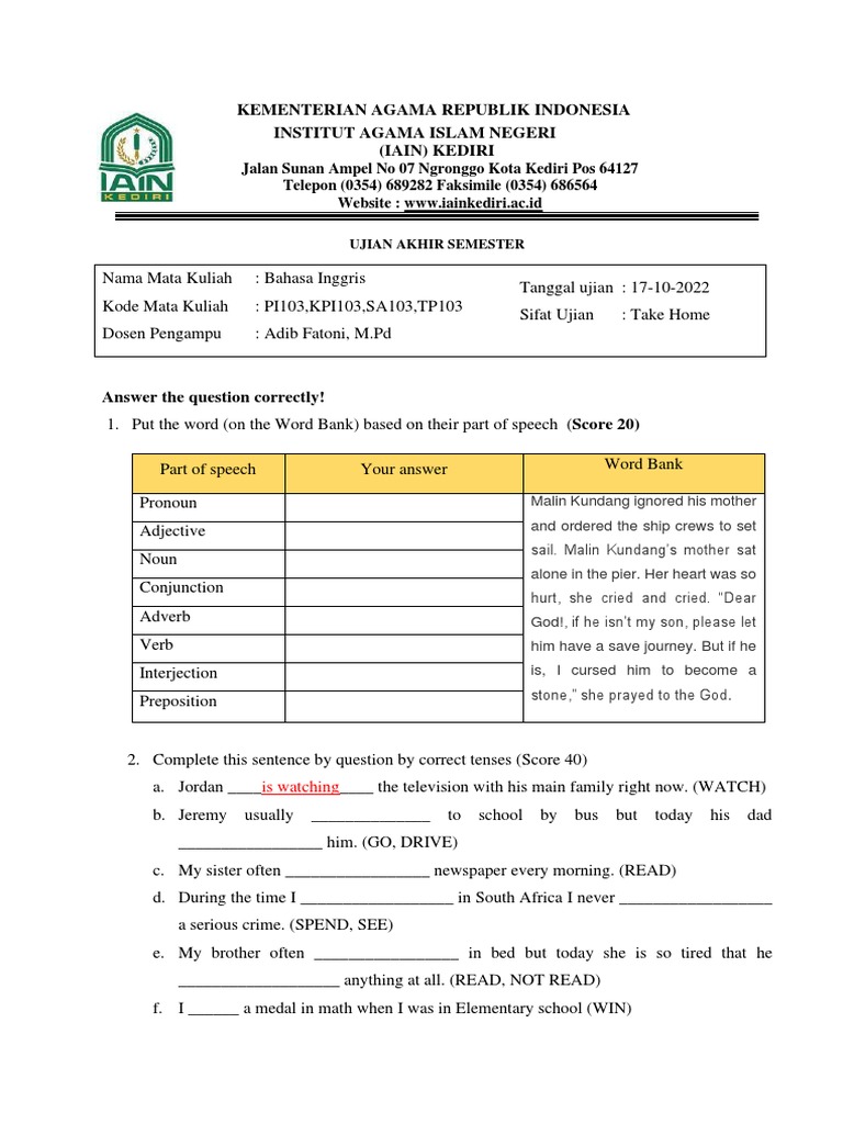 Soal Uts Bahasa Inggris | PDF | Part Of Speech | Phrase