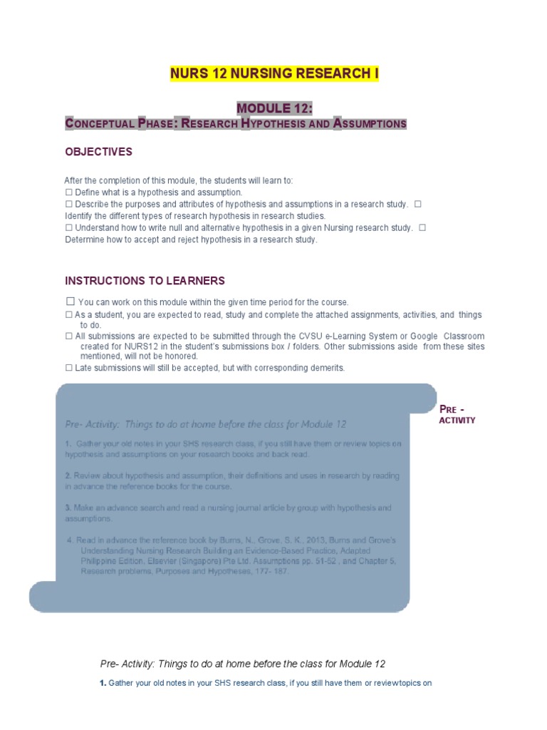 Nurs 12 Module 12 Research Hypothesis And Assumptions First Semester Ay 2021 22 Pdf Type I 