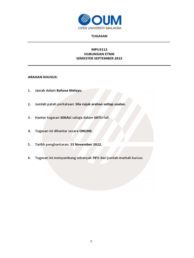 Tugasan MPU3112 Hubungan Etnik Semester September 2022 | PDF