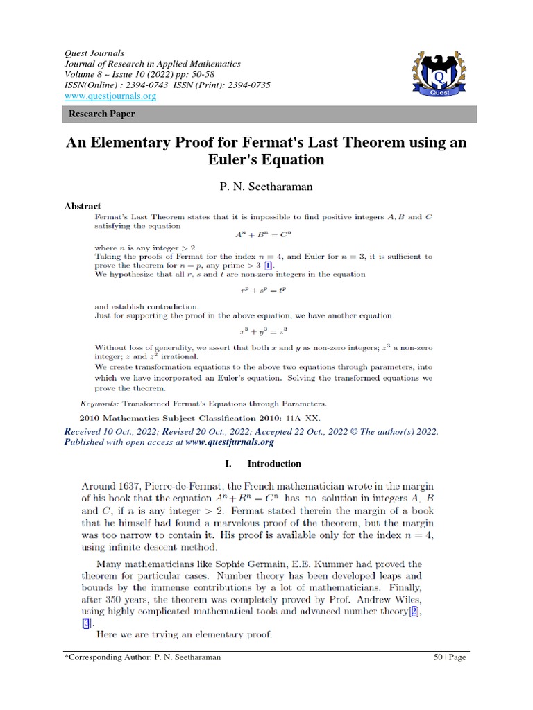 An Elementary Proof For Fermat's Last Theorem Using An Euler's Equation | PDF | Fermat's Last ...