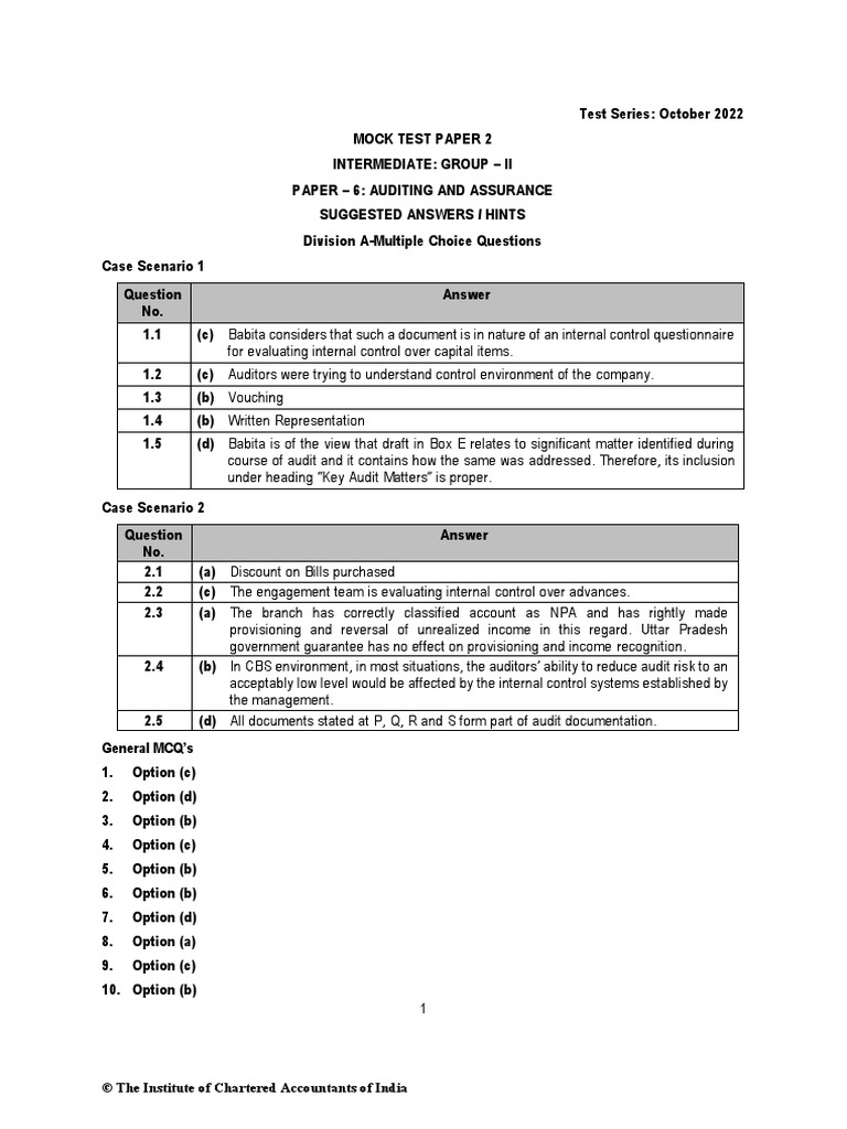 Auditing and Assurance - Mock Test Paper - Answers - Oct 2022 - CA ...
