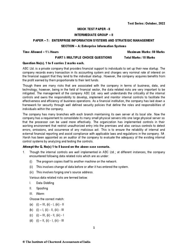 EIS & SM - Mock Test Paper - Questions - Oct 2022 - CA Inter (New ...