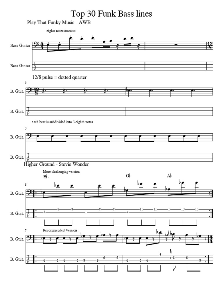 Top 30 Funk Bass Lines | PDF | Performing Arts | African American Music