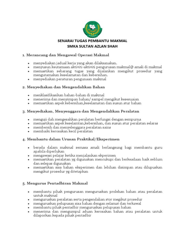 Senarai Tugas Pembantu Makmal | PDF