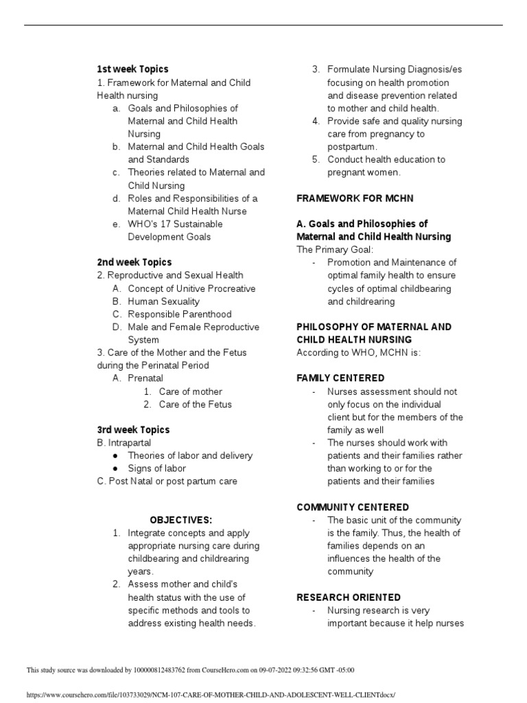 NCM 107 Care of Mother Child and Adolescent Well Client | PDF ...