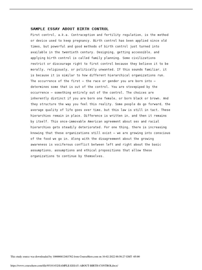 Sample Essay About Birth Control | PDF | Birth Control | Family Planning
