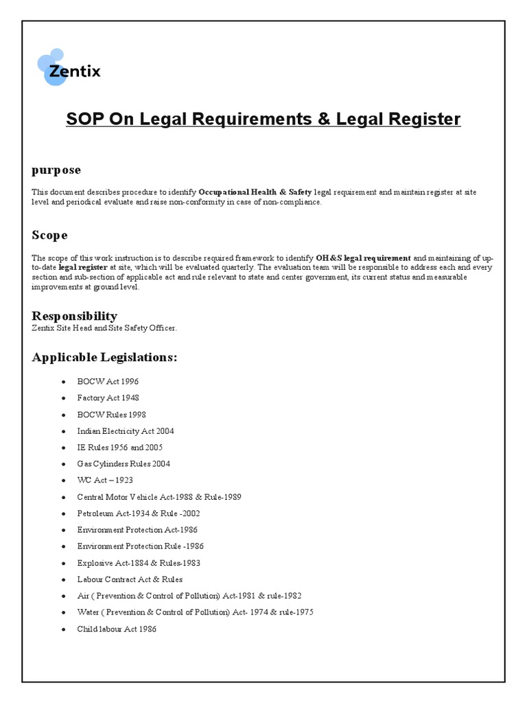 SOP Legal Requirements Register | PDF | Personal Protective Equipment ...