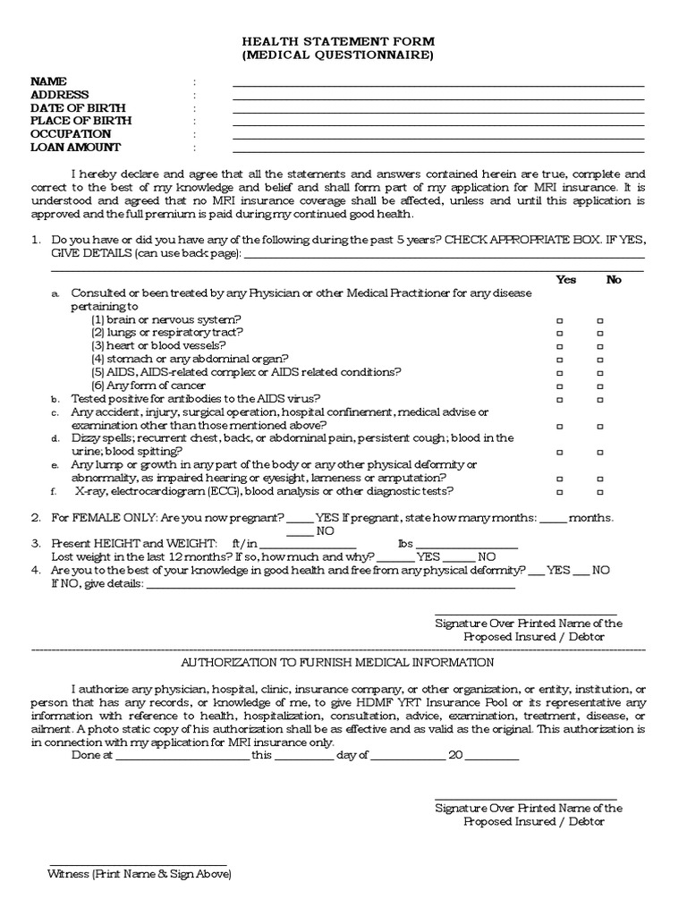 Health Statement Form Medical Questionnaire (2M Up) | PDF | Hiv/Aids ...