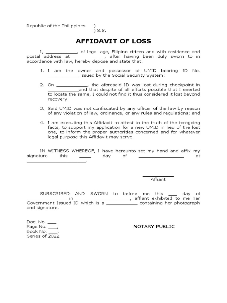 Affidavit of Loss for UMID ID | PDF