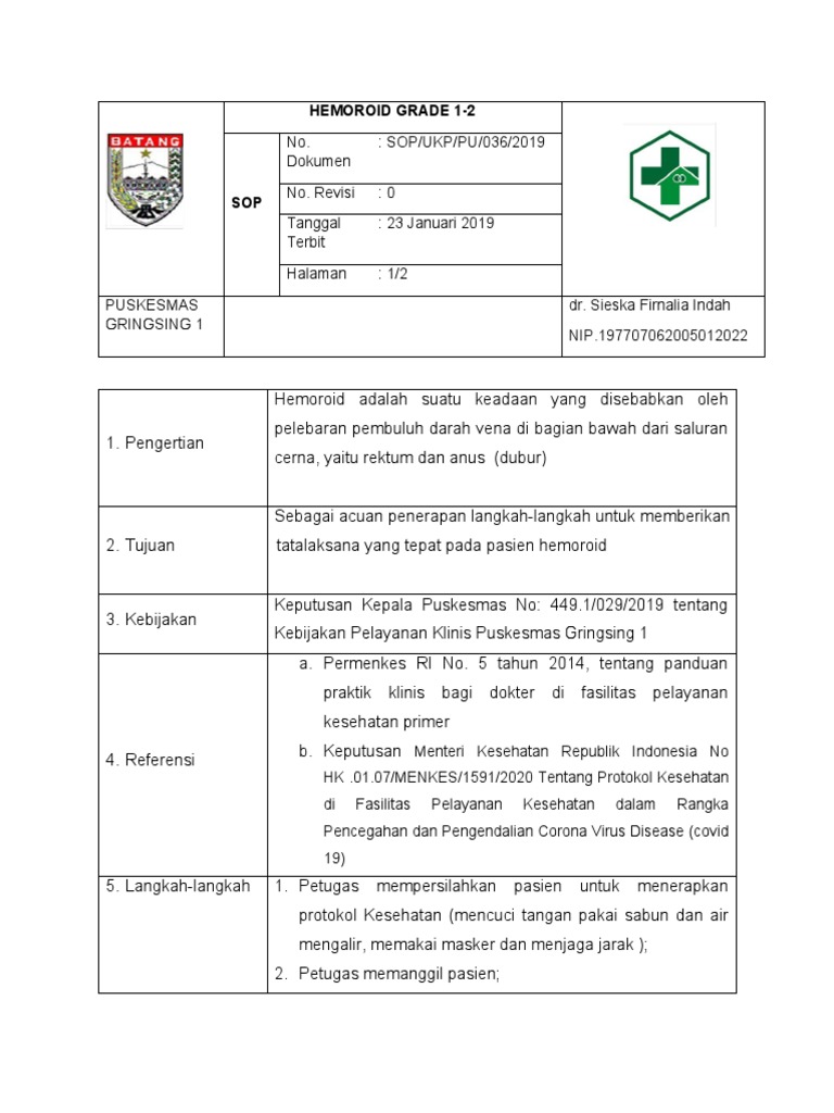 Sop Hemoroid Grade 1 | PDF