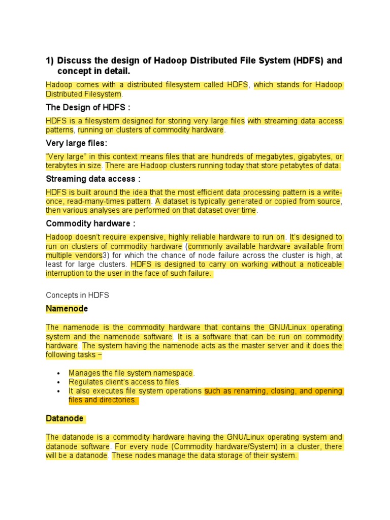 1) Discuss The Design of Hadoop Distributed File System (HDFS) and Concept in Detail | PDF ...