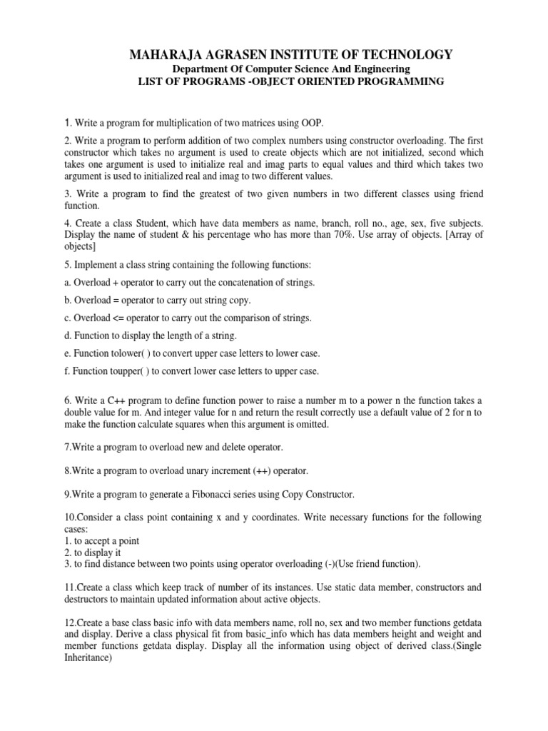 List Of Programs Oops Pdf Class Computer Programming Method Computer Programming