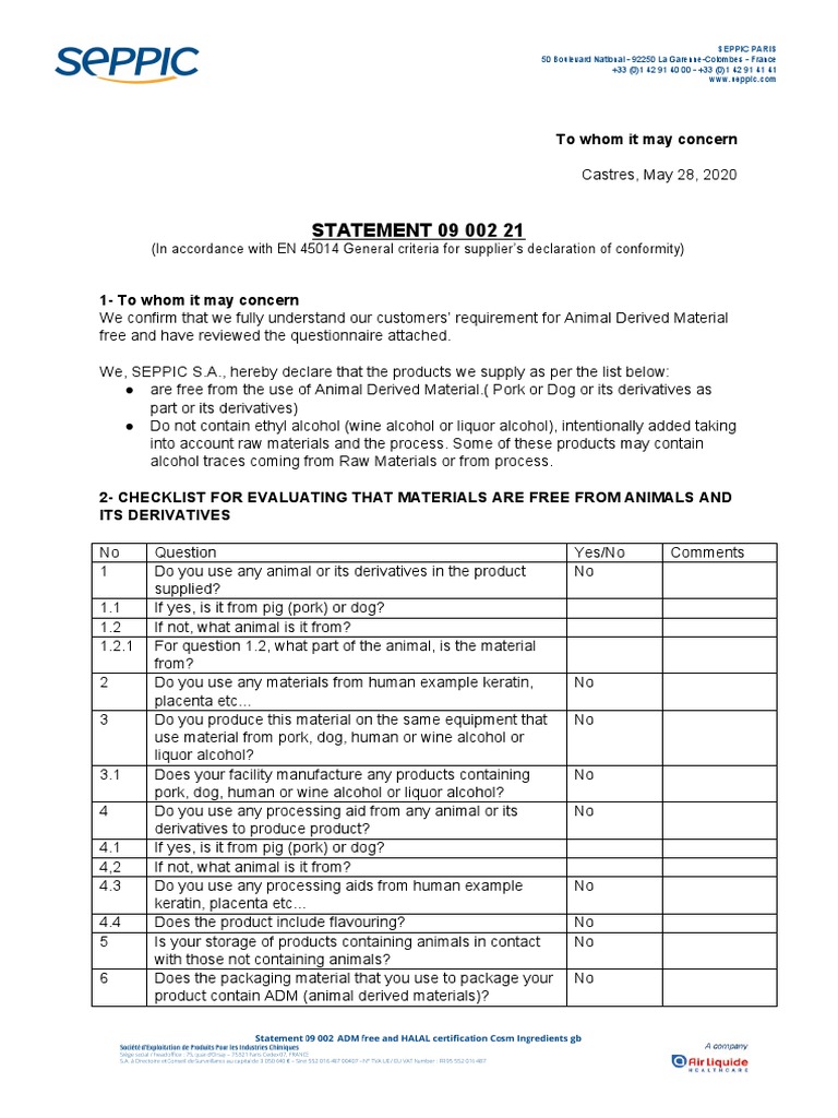 ML20426 Statement 09 002 21 ADM Free and HALAL Certification Cosm ...
