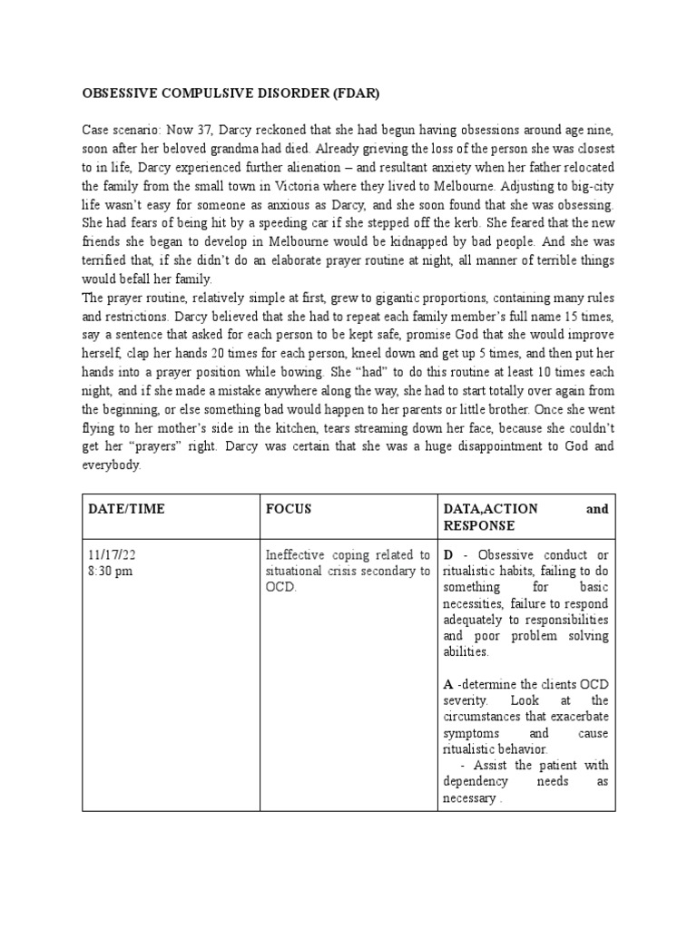 FDAR | PDF | Obsessive–Compulsive Disorder | Diseases And Disorders