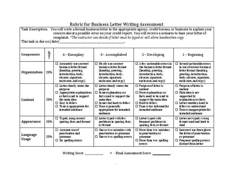 Business Letter Writing Rubric | Download Free PDF | Human ...