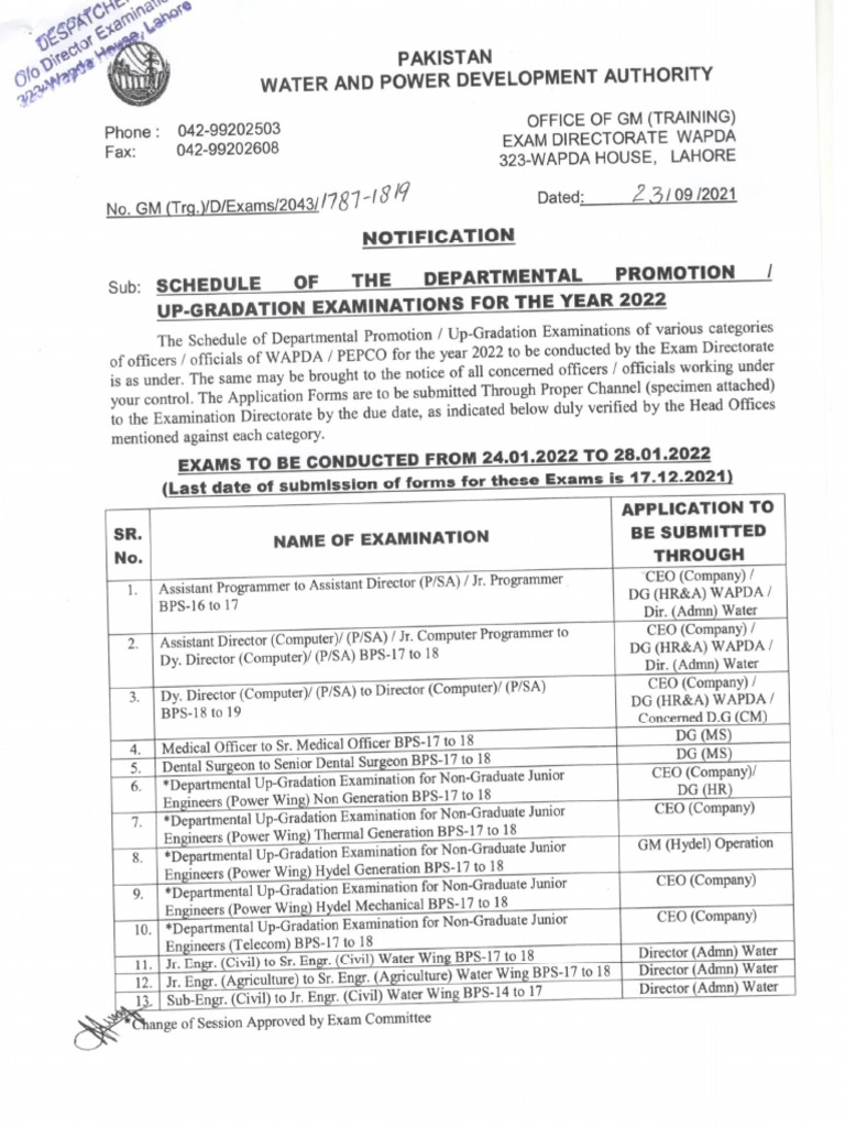 WAPDA DPE Exam Schedule 2021 | PDF