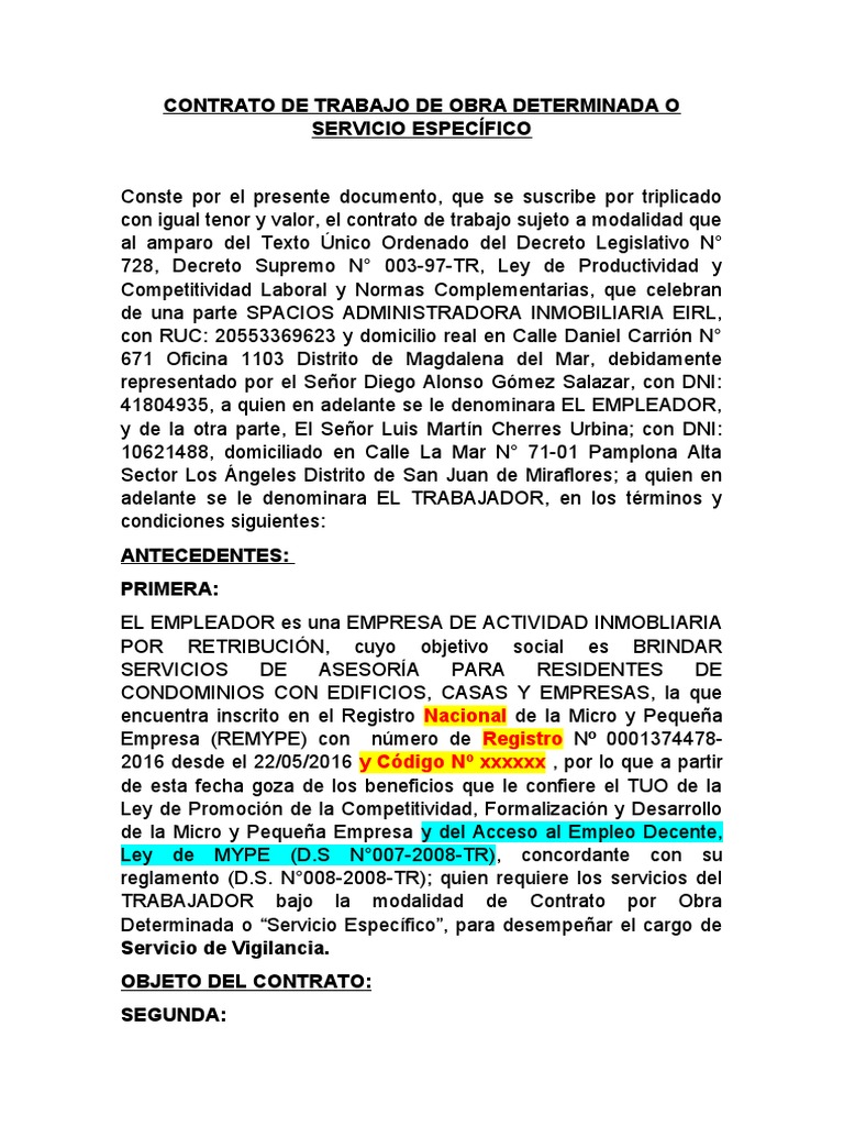 Contrato de Trabajo de Obra Determinada o Servicio Específico | PDF | Salario | Derecho laboral