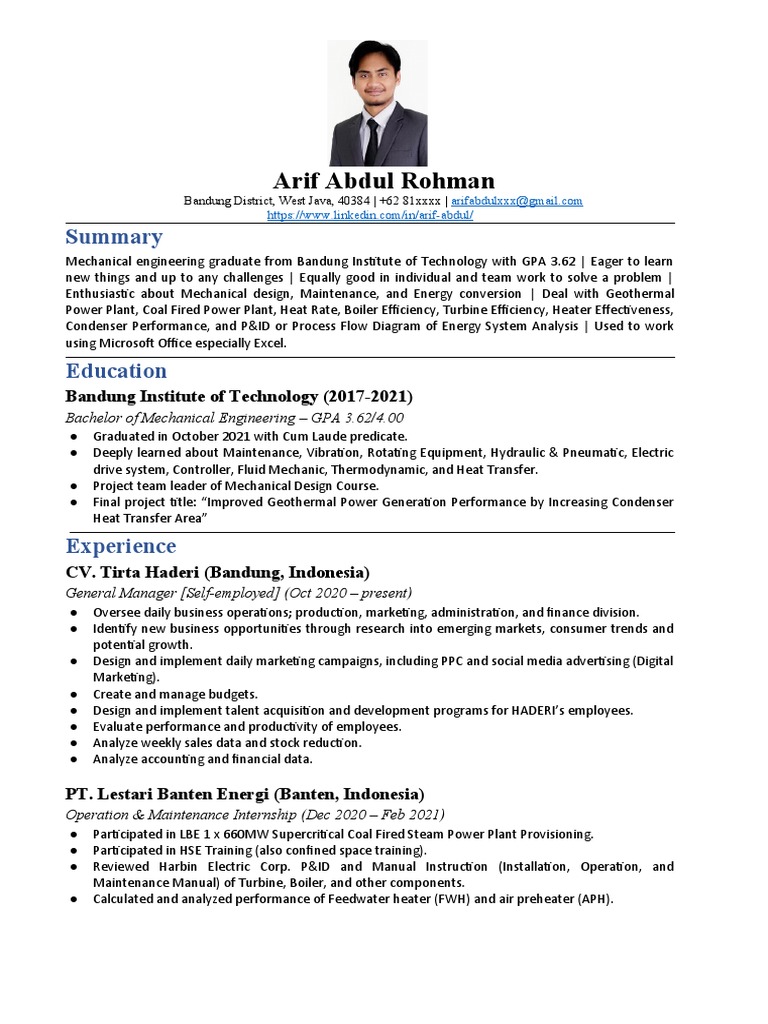 Arif Abdul Rohman Mechanical Engineer Resume | PDF | Boiler | Power Station