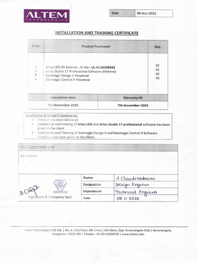 Scanner Training and Installation Certificate | PDF