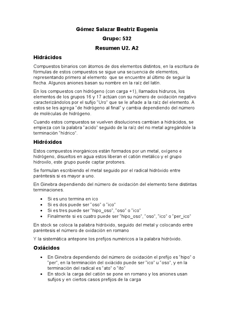 Resumen U2. A2. | PDF | Compuestos químicos | Óxido