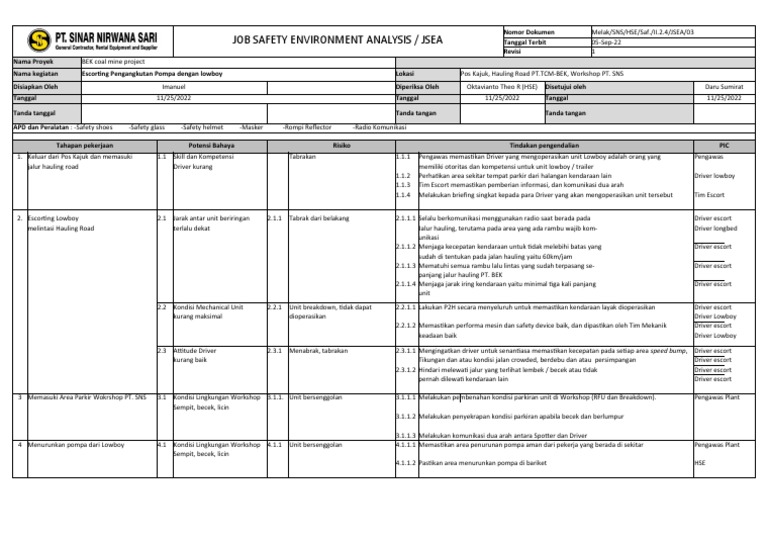 JSA Mobilization Lowboy Bermuatan Pompa | PDF