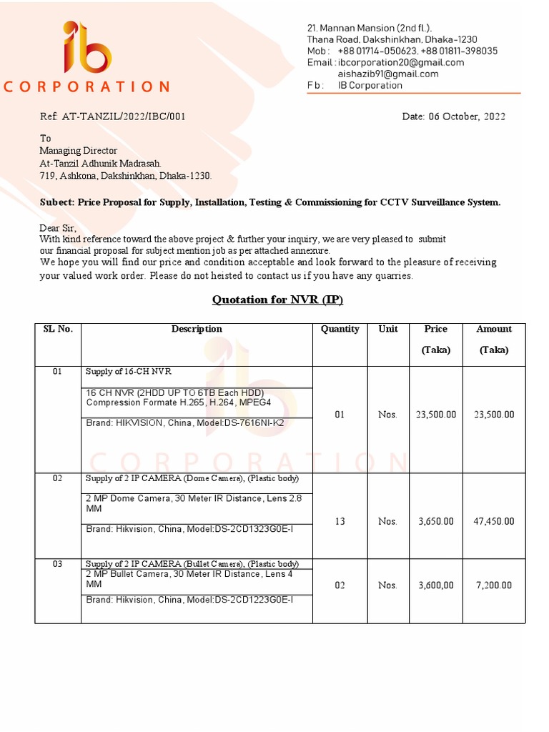 Quotation For Ip CCTV At-Tanzil | Download Free PDF | Camera | Closed ...