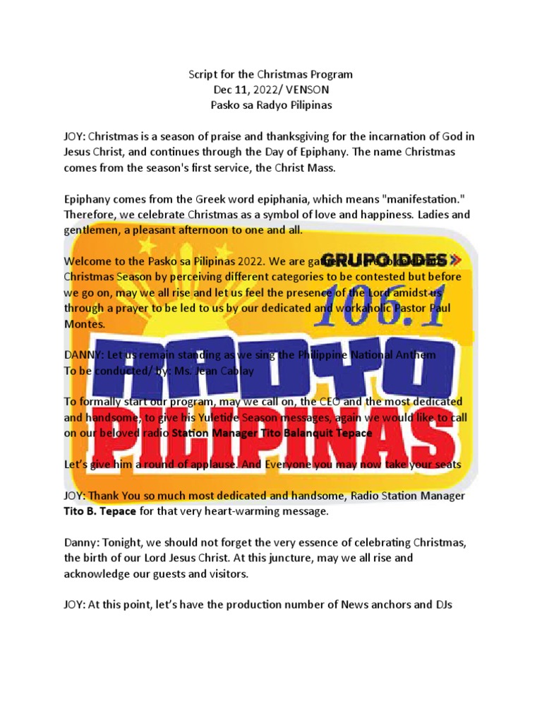 Christmas Program Script for Radyo Pilipinas | PDF | Christmas ...