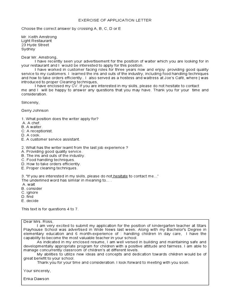 Exercise of Application Letter | PDF | Waiting Staff | Chef