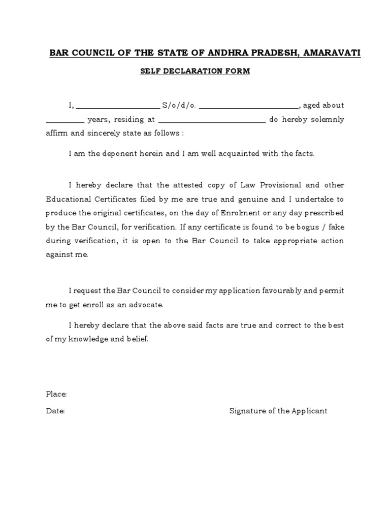 Self Declaration for Advocate Enrollment | PDF