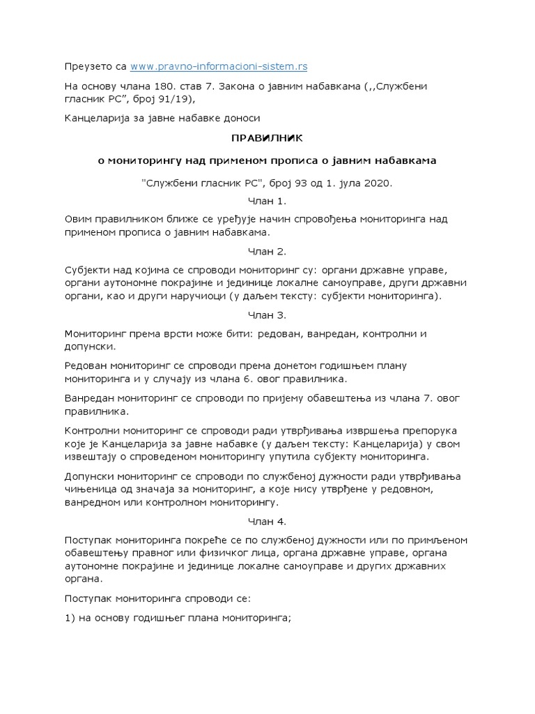03 Pravilnik o Monitoringu Nad Primenom Propisa o Javnim Nabavkama 93 2020 369 | PDF