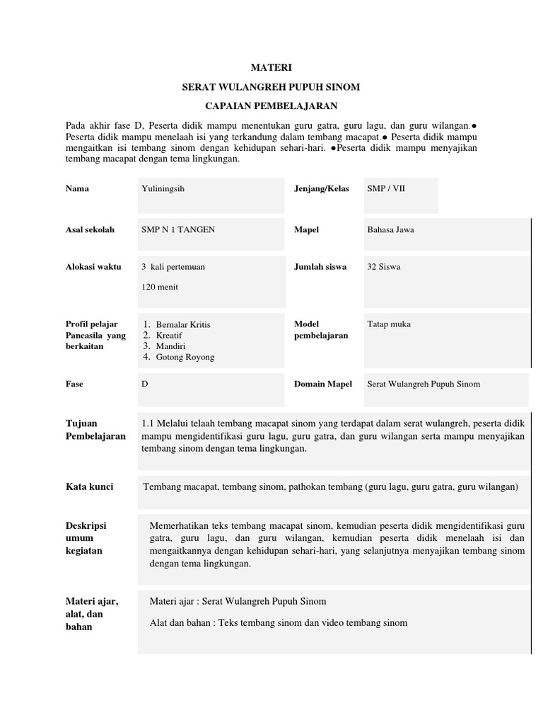 Pembelajaran Tembang Sinom di SMP | PDF