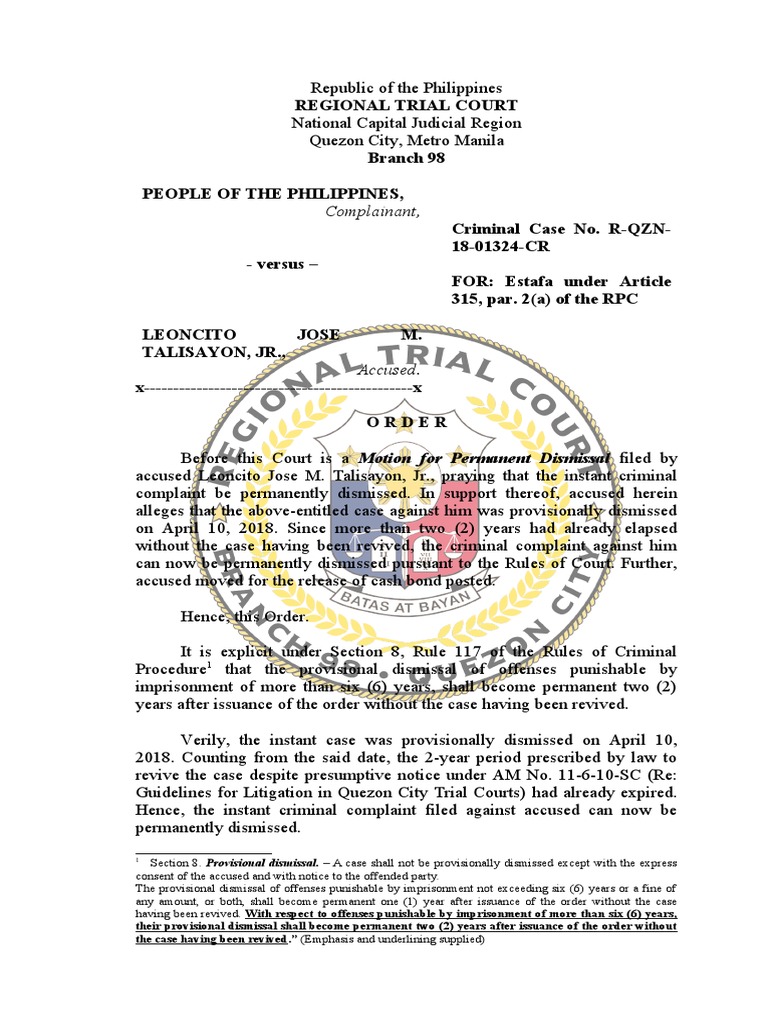 Permanent Dismissal PP v. Leoncito Jose Talisayon | PDF | Complaint | Criminal Justice
