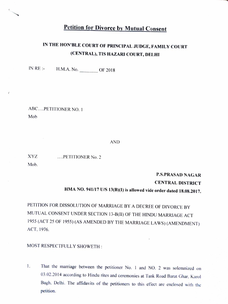 Mutual Consent Divorce Petition Format | PDF | Divorce | Alimony