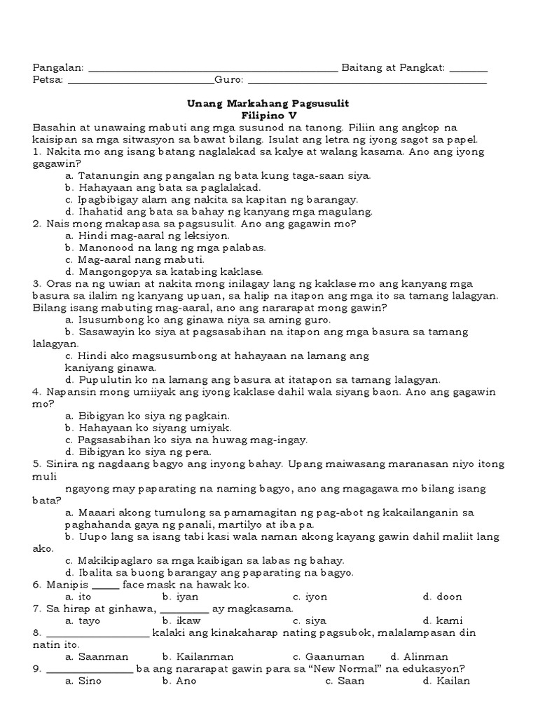 1st Periodic Test Filipino 5 | PDF