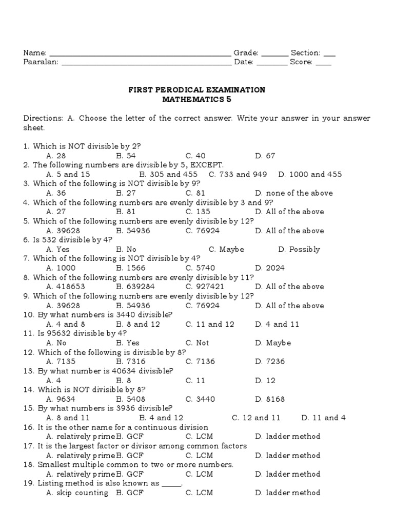 1st Periodic Test Math 5 | PDF | Discrete Mathematics | Elementary ...