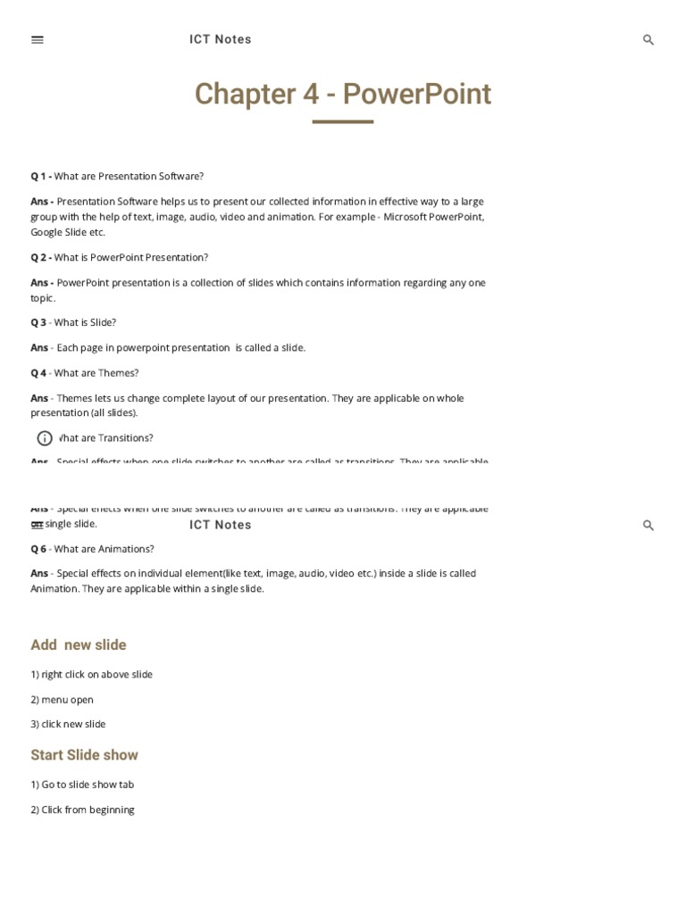 ICT Notes Class 7 - Chapter 4 - PowerPoint | PDF