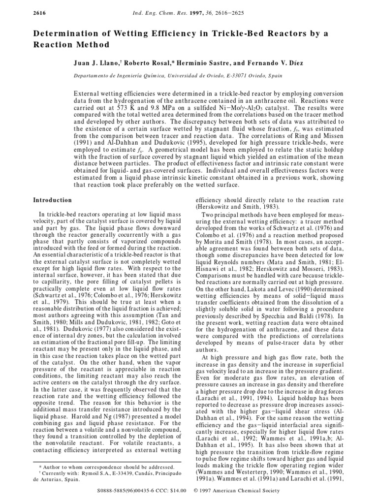Determination of Wetting Efficiency in Trickle-Bed Reactors by A Reaction Method | PDF | Wetting ...