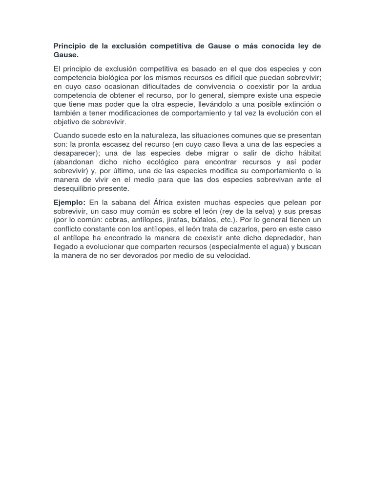 Principio de La Exclusión Competitiva de Gause | PDF