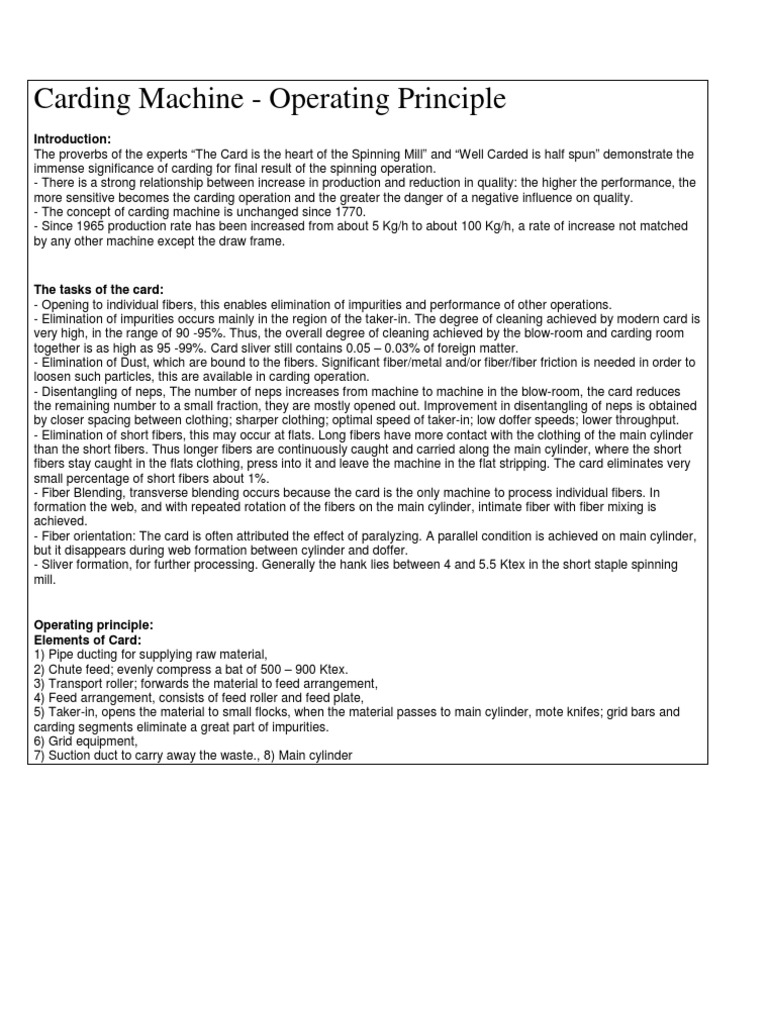 Carding Machine: Principles and Functions | PDF | Control Theory | Clothing
