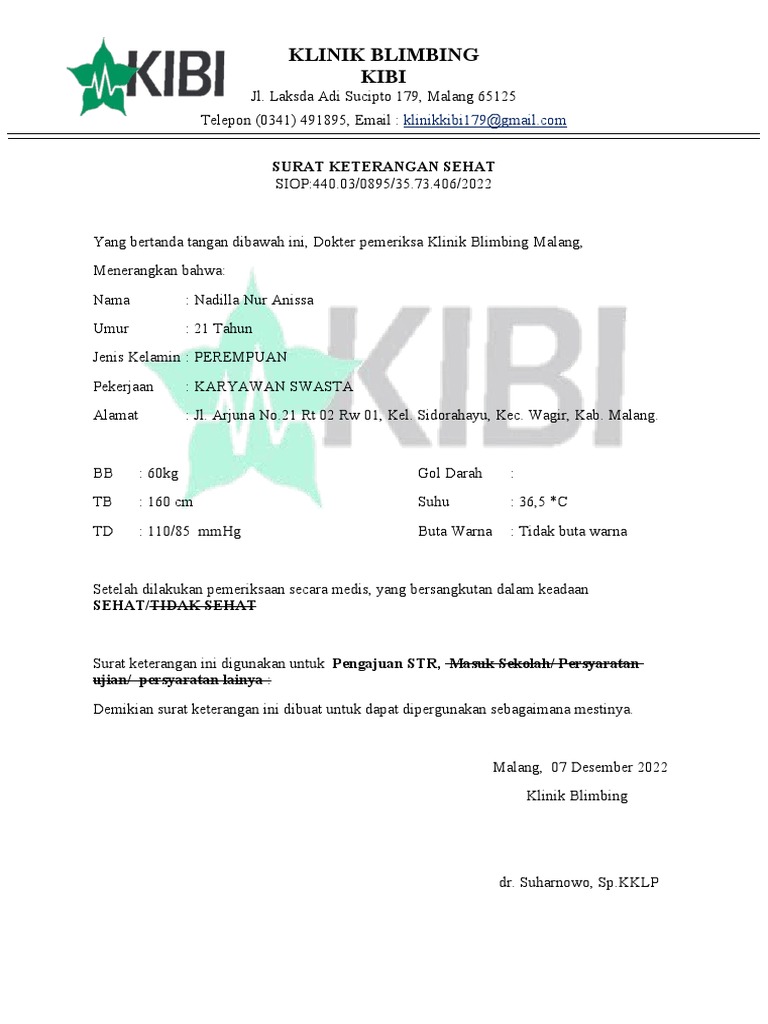 Surat Keterangan Sehat KIBI | PDF