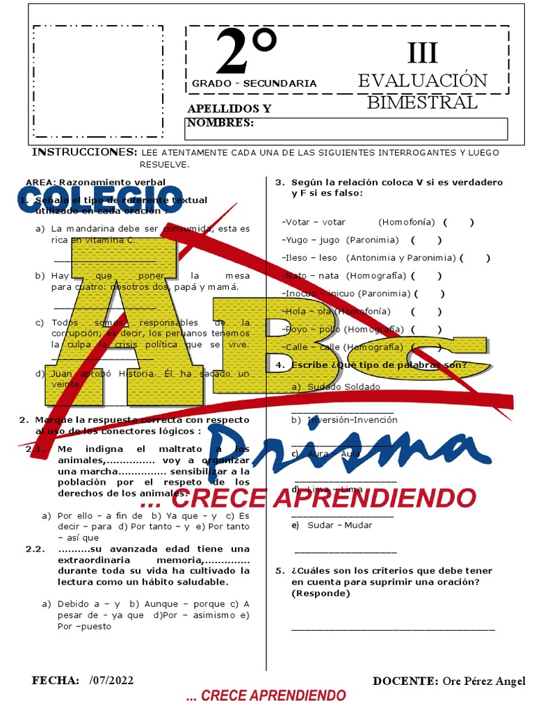 Examen Tercer Bimestre R V Segundo Pdf