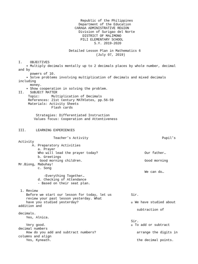 Detailed Lesson Plan in Mathematics 6 2020 | PDF | Numbers | Multiplication