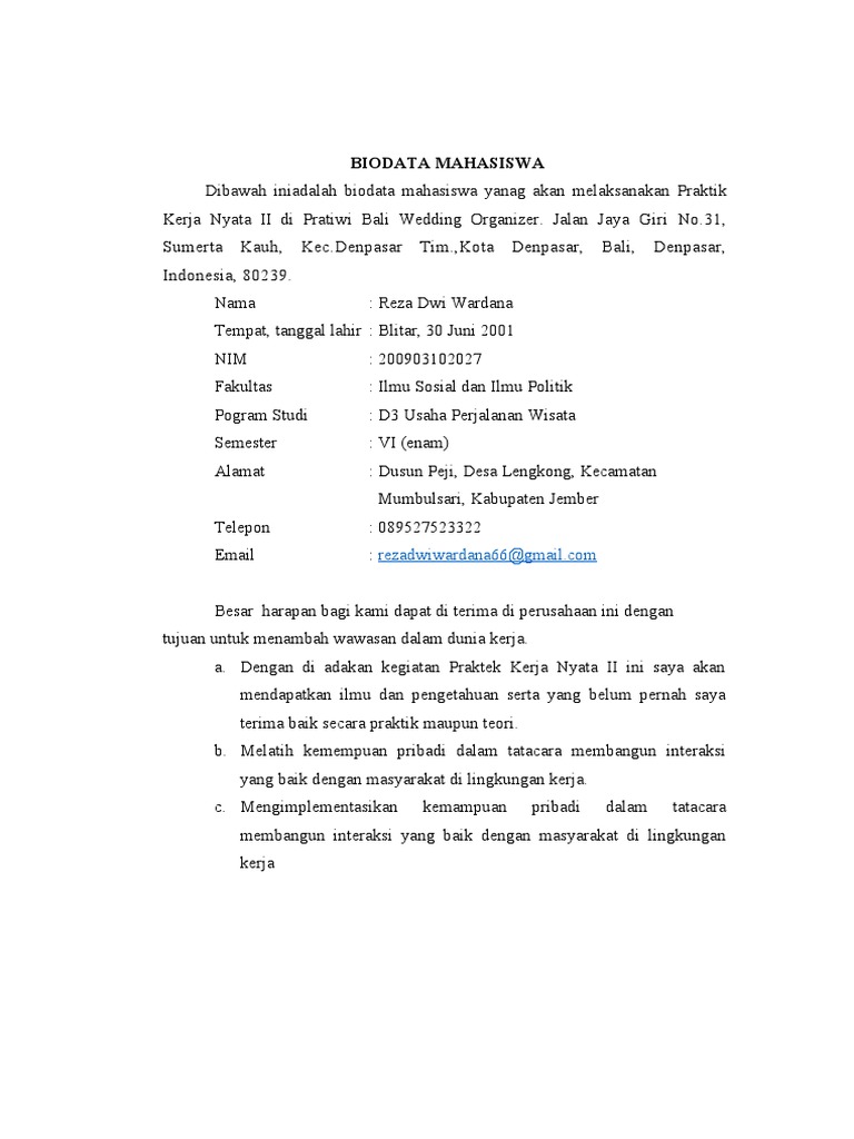 Biodata Proposal Magang Bali | PDF