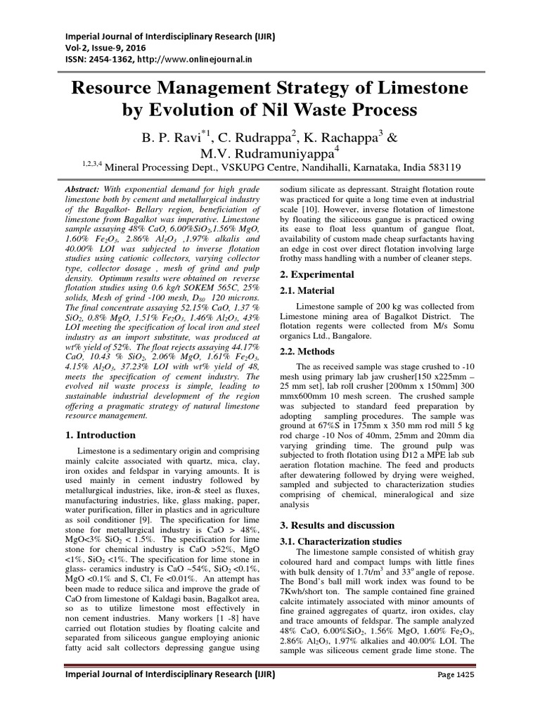 Resource Management Strategy of Limestone by Evolution of Nil Waste ...
