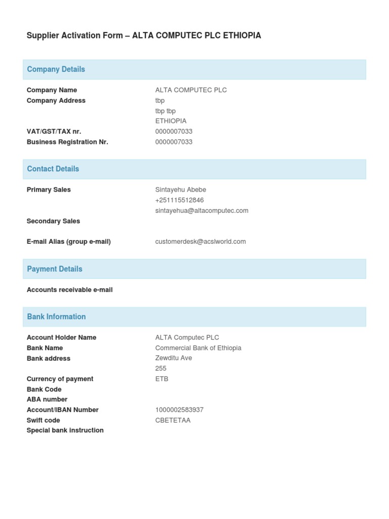 Supplier Activation Form | PDF | Business | Finance & Money Management